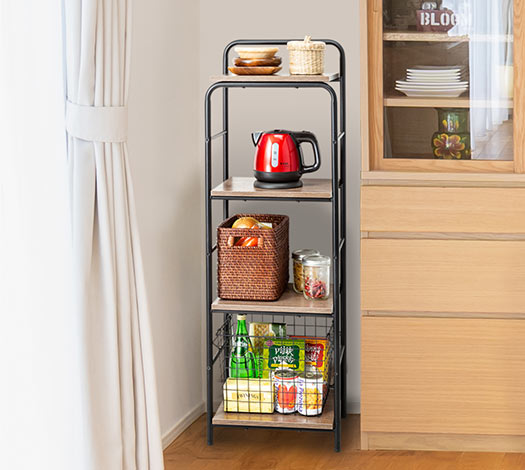 スリムラック（木目調・オープン・シェルフ・スチール製・4段・幅40cm・高さ120cm・おしゃれ・収納棚）EEX-DKSH02 | 激安通販のイーサプライ